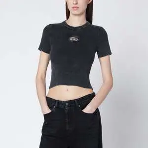 DIESEL® Cropped Washed T-shirt With Metallic Oval D