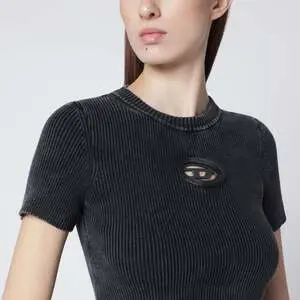 DIESEL® Cropped Washed T-shirt With Metallic Oval D