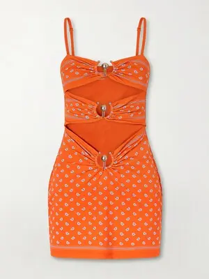 Christopher Esber Orbit Embellished Ruched Cutout Printed Stretch-jersey Mini Dress - Orange