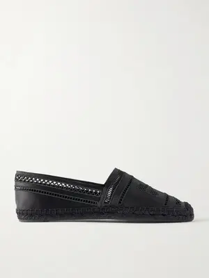 Tory Burch Open Weave Embroidered Satin Espadrilles - Black