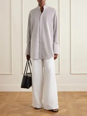 Comme Si Mandarin Collar Striped Cotton Poplin Tunic Shirt