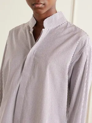 Comme Si Mandarin Collar Striped Cotton Poplin Tunic Shirt