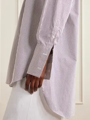 Comme Si Mandarin Collar Striped Cotton Poplin Tunic Shirt