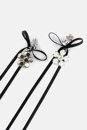 Simone Rocha Crystal And Pearl Daisy Drop Earrings With Satin Bows - Nero