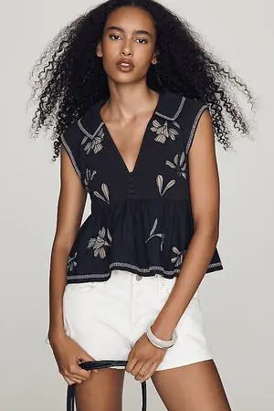 Anthropologie By Anthropologie Cotton Cutwork Peplum Top Black