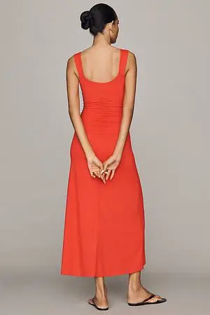 Maeve Square-neck Ruched Knit Midi Dress - Red