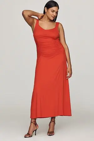 Maeve Square-neck Ruched Knit Midi Dress - Red
