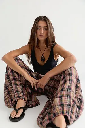 Free People Moonflower Plaid Pull-on Balloon Pants - Black Combo