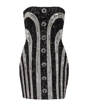 Balmain Embroidered Bustier Stripe Short Dress - Black