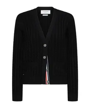 Thom Browne Cable-knit V-neck Cardigan With Rwb Grosgrain Piping