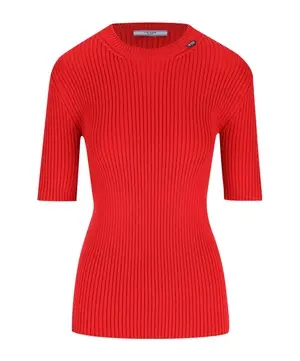Prada Ribbed Knit Wool Short-sleeve Sweater - Red