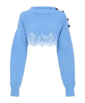 Chloé Cropped Sweater In A Merino Wool Knit Lace - Blue