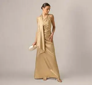 Adrianna Papell Halter Neck Gown With Asymmetrical Scarf Detail - Light Gold