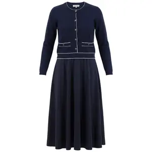 VIVID Crepe Knit Cardigan And Woven Midi Skirt Combo Set - Dark Navy