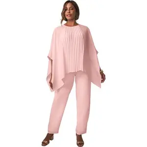 JESSICA LONDON Georgette Pleated Poncho And Wide Leg Pant Set - Soft Blush
