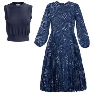 COCO DE LA MOUR Printed Pleated Midi Dress With Textured Knit Vest