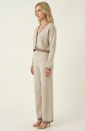 MODENAIRE Contrast Trim Knit Cardigan And Wide-leg Pant Set - Beige/brown Trim