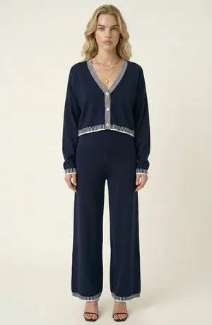 MODENAIRE Contrast Trim Knit Cardigan And Wide-leg Pant Set - Navy Blue