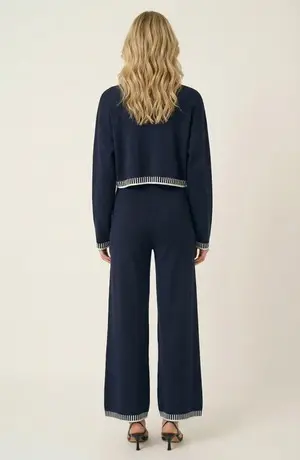 MODENAIRE Contrast Trim Knit Cardigan And Wide-leg Pant Set