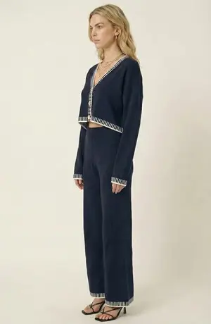 MODENAIRE Contrast Trim Knit Cardigan And Wide-leg Pant Set