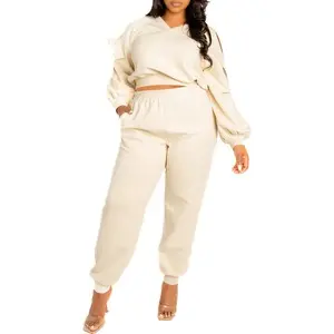 BUXOM COUTURE Scuba Knit Cold Shoulder Sweatshirt And Jogger Set - Beige