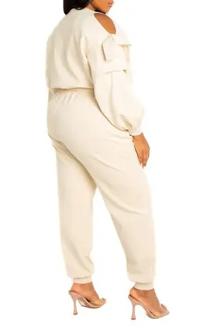 BUXOM COUTURE Scuba Knit Cold Shoulder Sweatshirt And Jogger Set - Beige