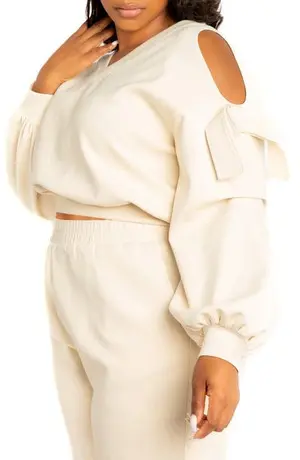 BUXOM COUTURE Scuba Knit Cold Shoulder Sweatshirt And Jogger Set - Beige
