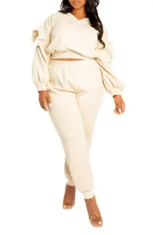 BUXOM COUTURE Scuba Knit Cold Shoulder Sweatshirt And Jogger Set - Beige