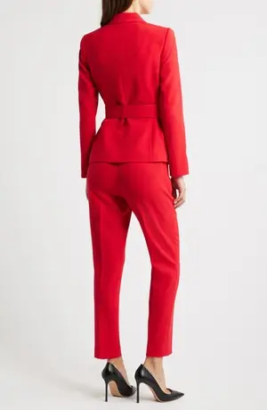 TAHARI ASL Peak Lapel Belted Blazer And Pants Set - Red