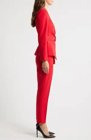 TAHARI ASL Peak Lapel Belted Blazer And Pants Set - Red