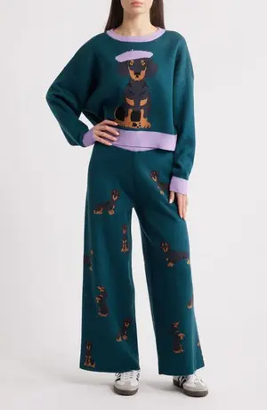 DRESSED IN LALA Weenie Dog Jacquard Sweater & Wide Leg Pants Set - Teal