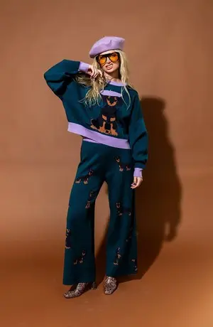 DRESSED IN LALA Weenie Dog Jacquard Sweater & Wide Leg Pants Set