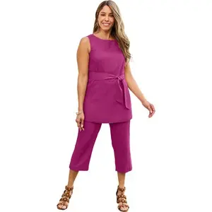 JESSICA LONDON Jessica London Linen Blend Belted Tunic And Capri Set Raspberry
