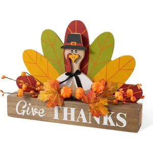 GLITZHOME Thanksgiving Wooden Pilgrim Or Turkey Table Block Sign - Brown