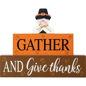 GLITZHOME Thanksgiving Wooden Pilgrim Table Block Sign - Orange