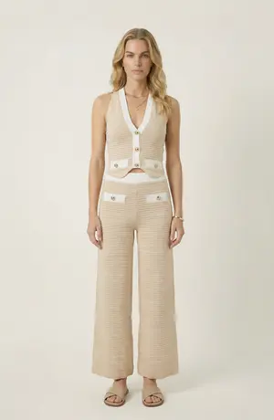 MODENAIRE Ribbed Knit Vest And Wide Leg Pant Set - Beige/white