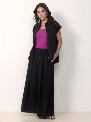 SINGLE STITCH Textured Button-front Shirt And Palazzo Pants Set