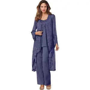 Roaman's Beaded Georgette Scoop Neck 3-piece Pant Set - Deep Dusk