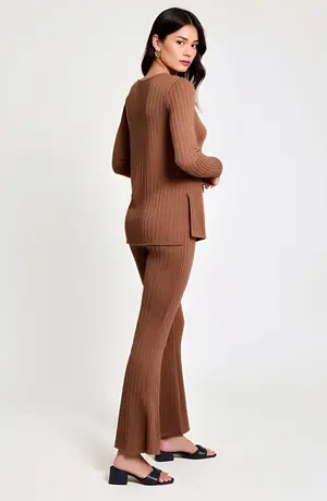 MODENAIRE Ribbed Knit Long Sleeve Top And Flared Pants Lounge Set