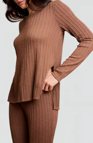 MODENAIRE Ribbed Knit Long Sleeve Top And Flared Pants Lounge Set