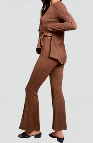 MODENAIRE Ribbed Knit Long Sleeve Top And Flared Pants Lounge Set