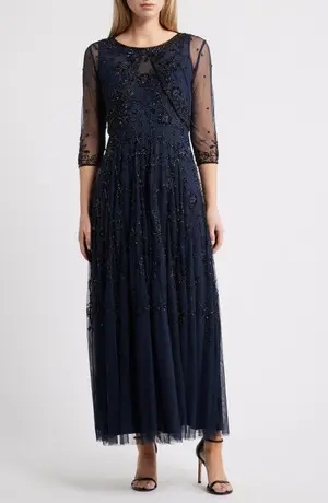 Pisarro Nights Beaded Mesh Gown With Jacket - Navy