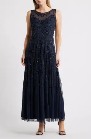 Pisarro Nights Beaded Mesh Gown With Jacket