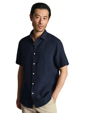 CHARLES TYRWHITT Plain Pure Linen Short Sleeve Shirt - Navy