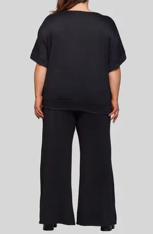 24SEVEN COMFORT APPAREL Boat Neck Top And Wide Leg Pants Set - Black