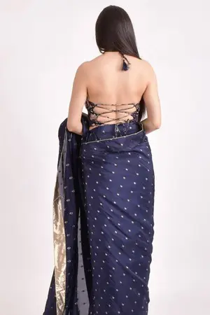 RAAS Jacquard Floral Pre-pleated Saree With Halter Blouse