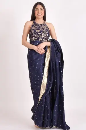 RAAS Jacquard Floral Pre-pleated Saree With Halter Blouse