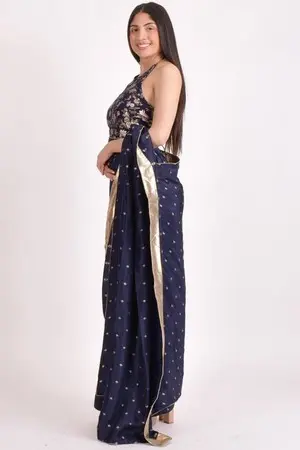 RAAS Jacquard Floral Pre-pleated Saree With Halter Blouse