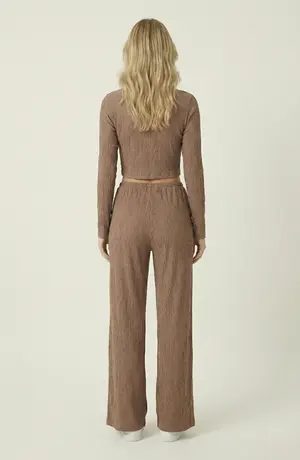 MODENAIRE Ribbed Long Sleeve Crop Top And Wide Leg Lounge Pants Set With Drawstring
