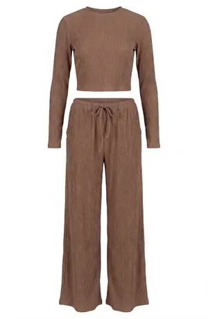 MODENAIRE Ribbed Long Sleeve Crop Top And Wide Leg Lounge Pants Set With Drawstring